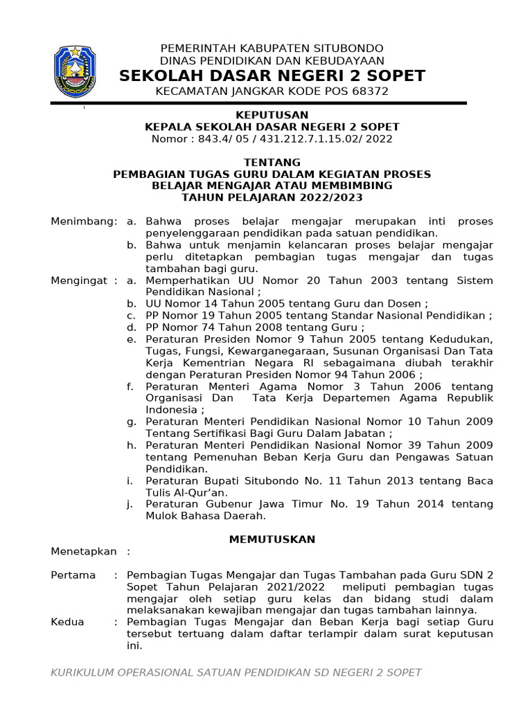 SK Tugas Mengajar 2022-2023 | PDF