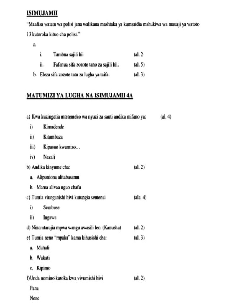 Kazi Ya Likizo Muhula Wa Pili Assignments - Form 1 - Kiswahili | PDF