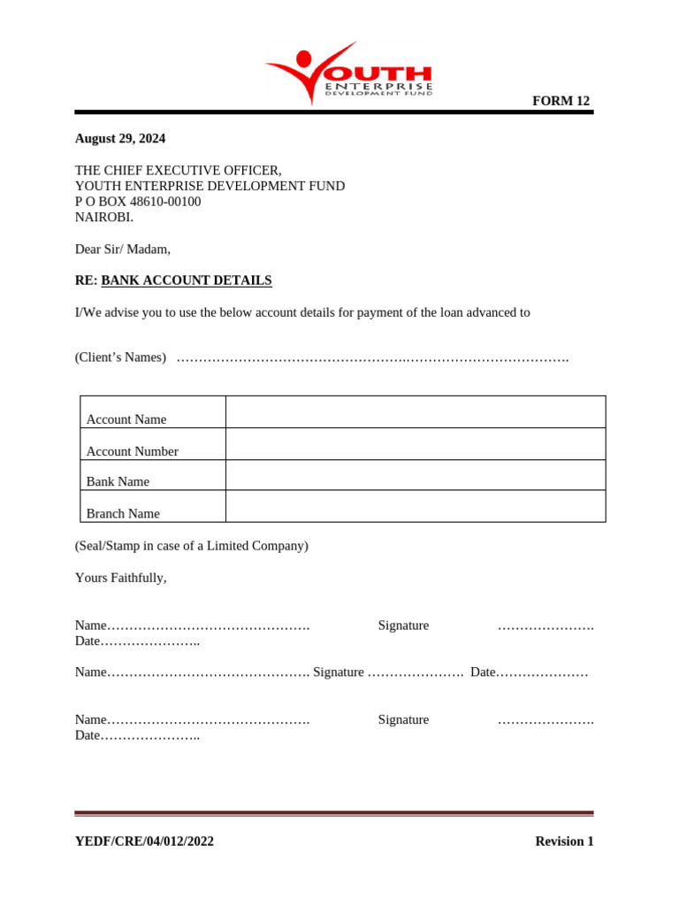 Form 12 Bank Account Details Form | PDF