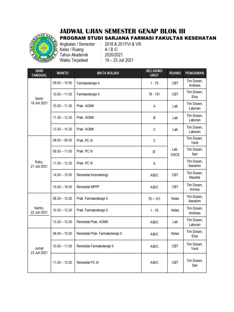 Jadwal Ujian Blok III Semester 6 Dan 8 TA 2020 2021 | PDF