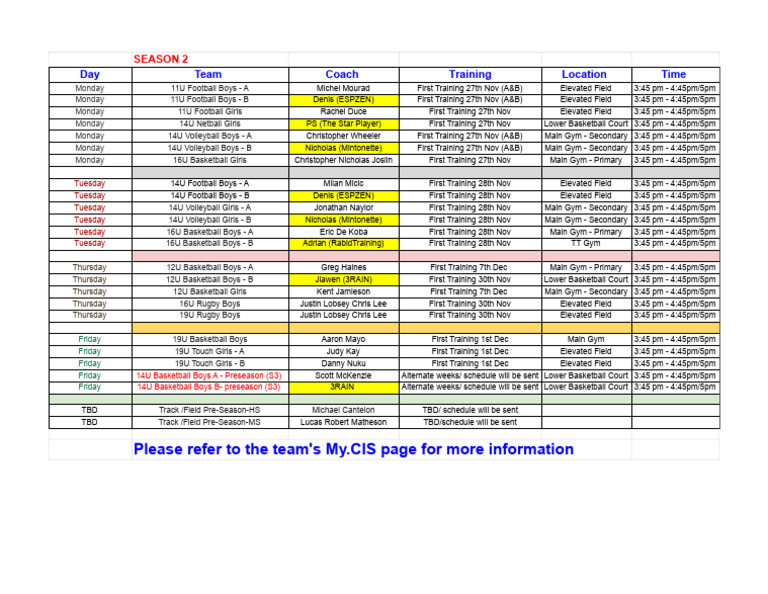 _Season 2 - Training schedule | PDF