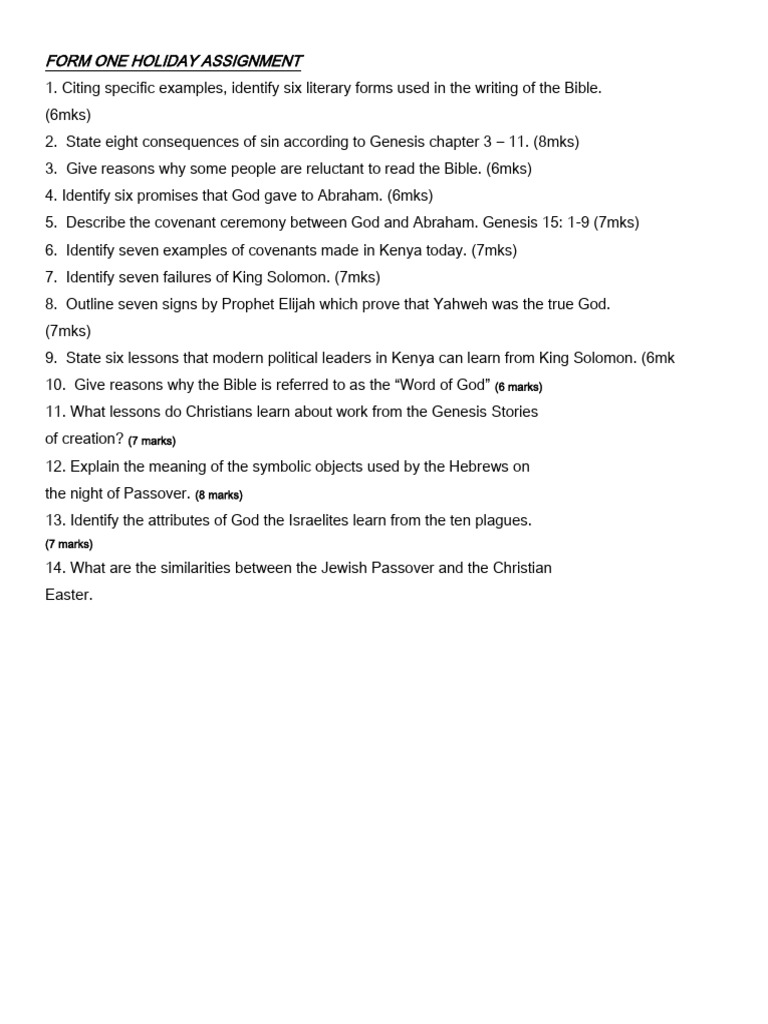 Form One Holiday Assignment 1 | PDF