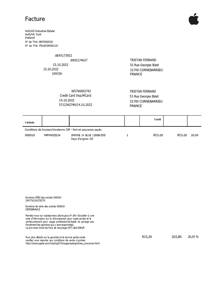 Facture Iphone 14 | PDF