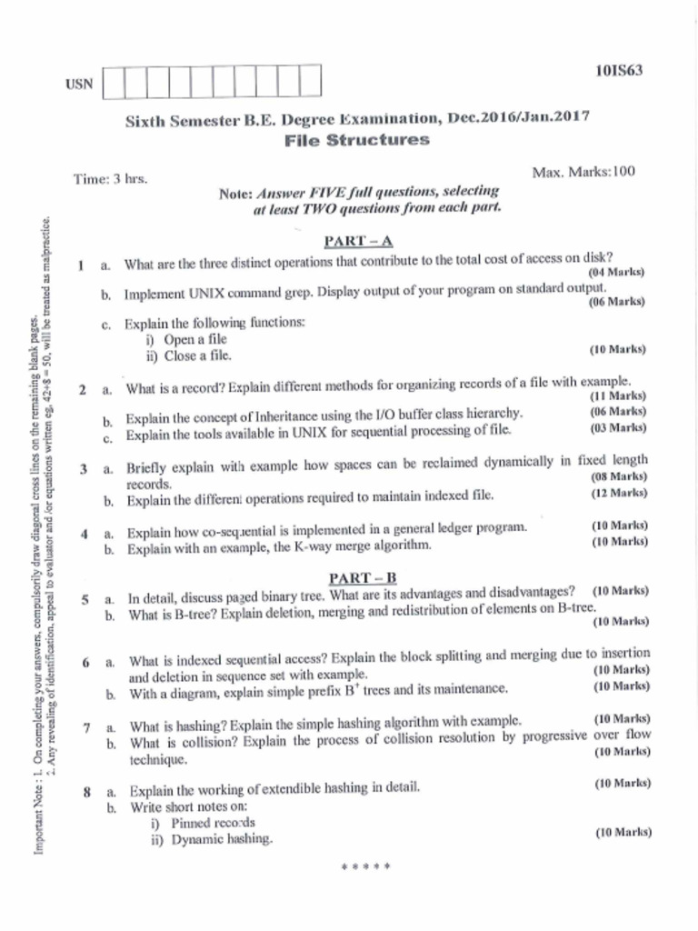 VTU Question Paper of 10IS63 File Structures (VI Sem B.E.) December ...