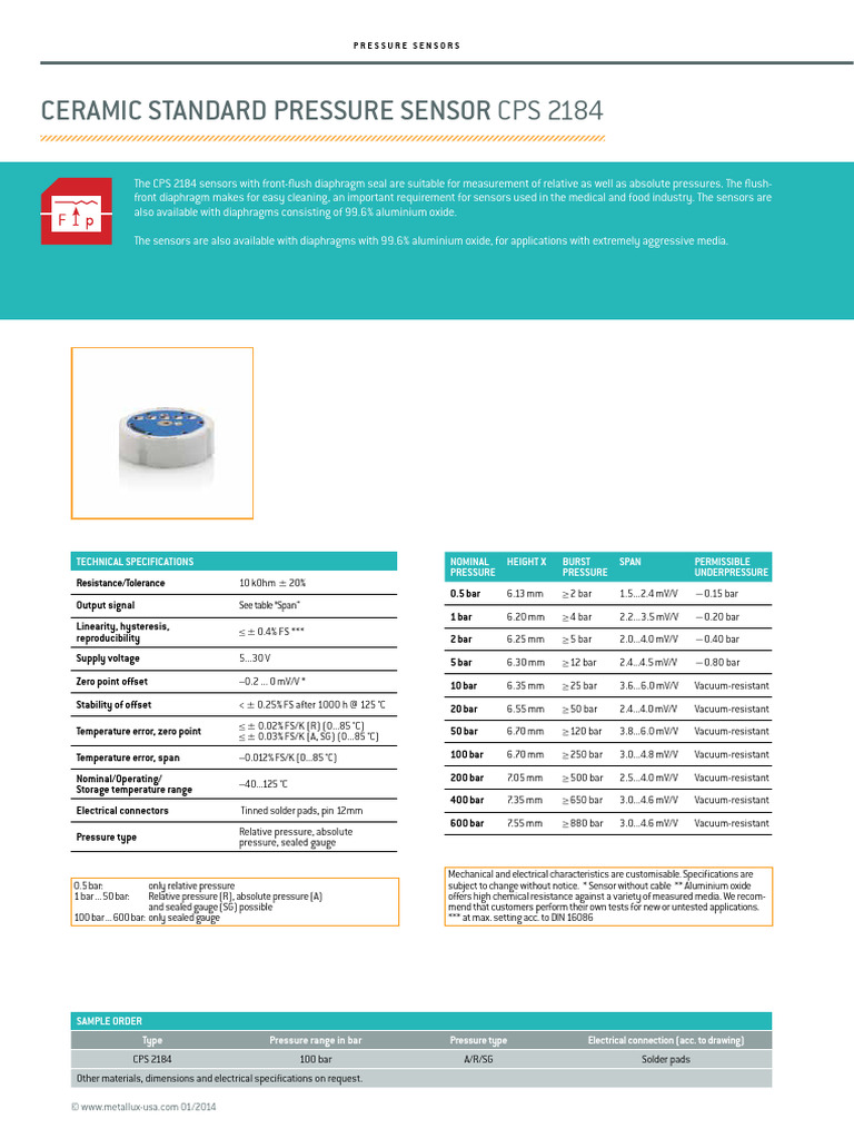 Ceramic Pressure Sensor CPS2184 Metallux Datasheet S | PDF