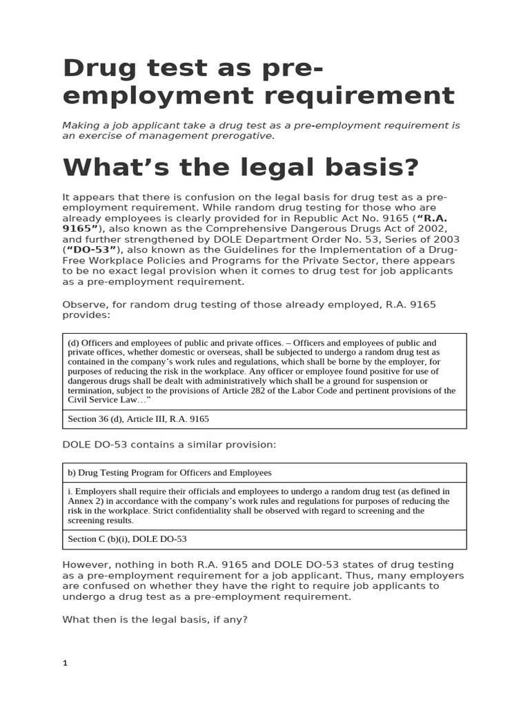 Drug Testing in The Public or Private Workplace | PDF