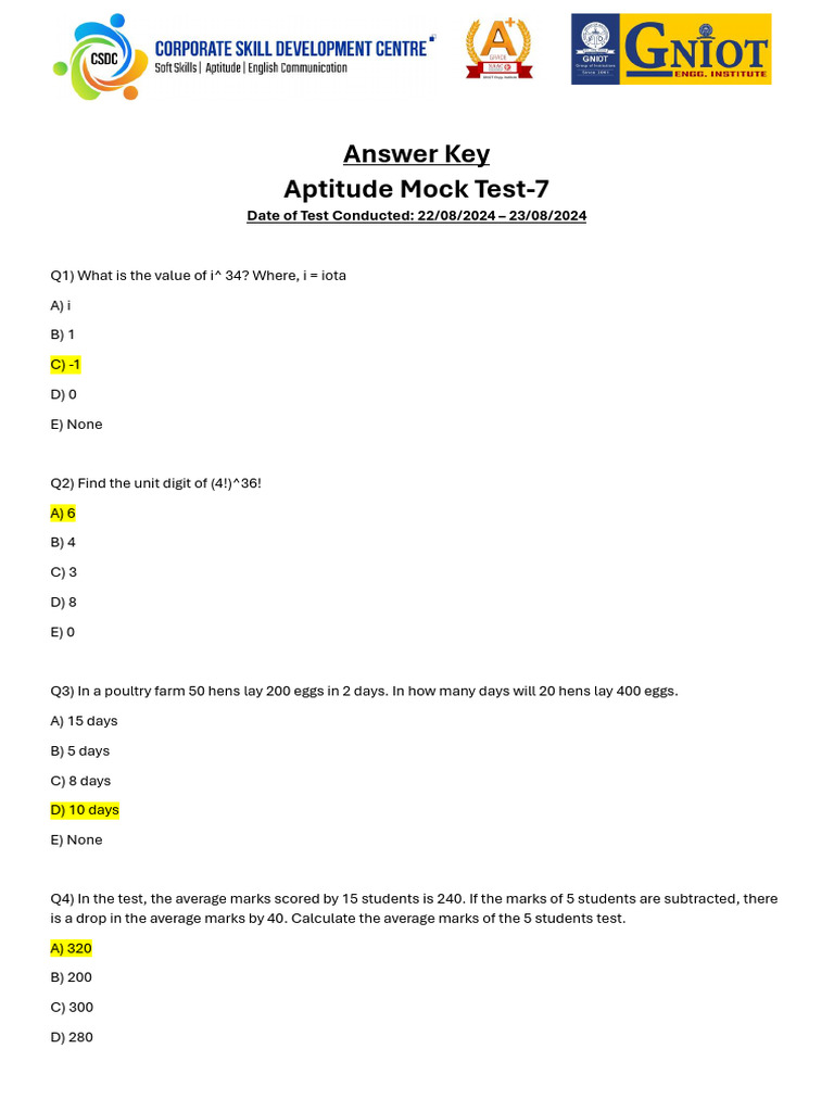 Aptitude Mock Test-7 Answer Keys | PDF