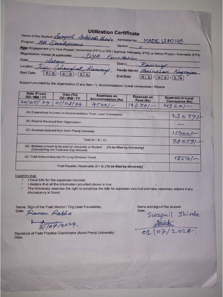 Swapnil Shinde Utilization Certificate | PDF
