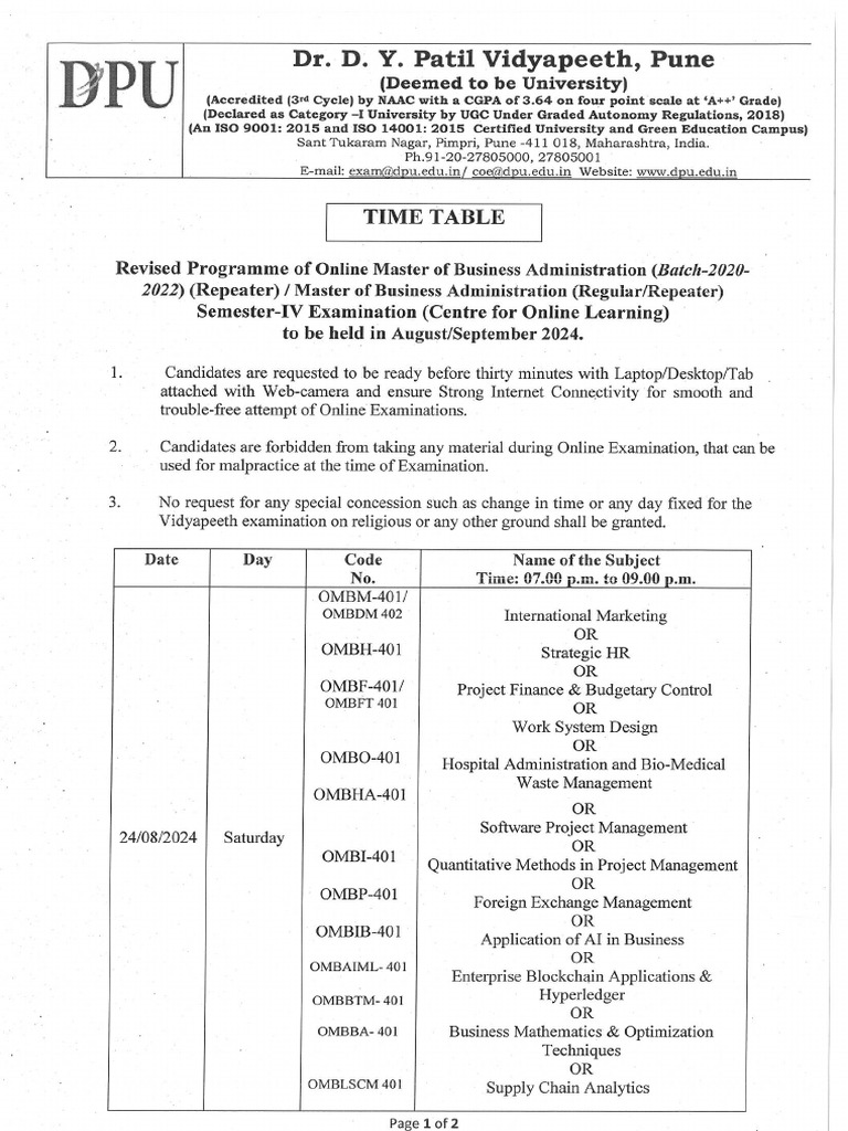 Mba 4 Sem Time Table | PDF