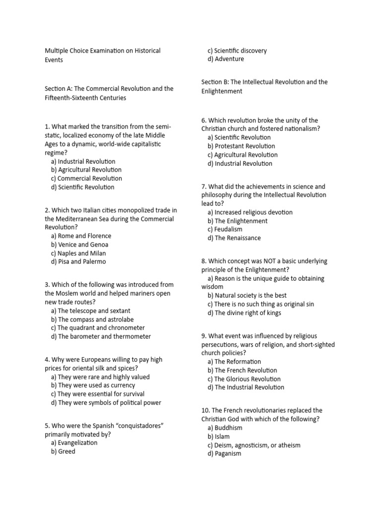 A Brief Historical Overview of the Events Practice Quiz (40 Items) | PDF