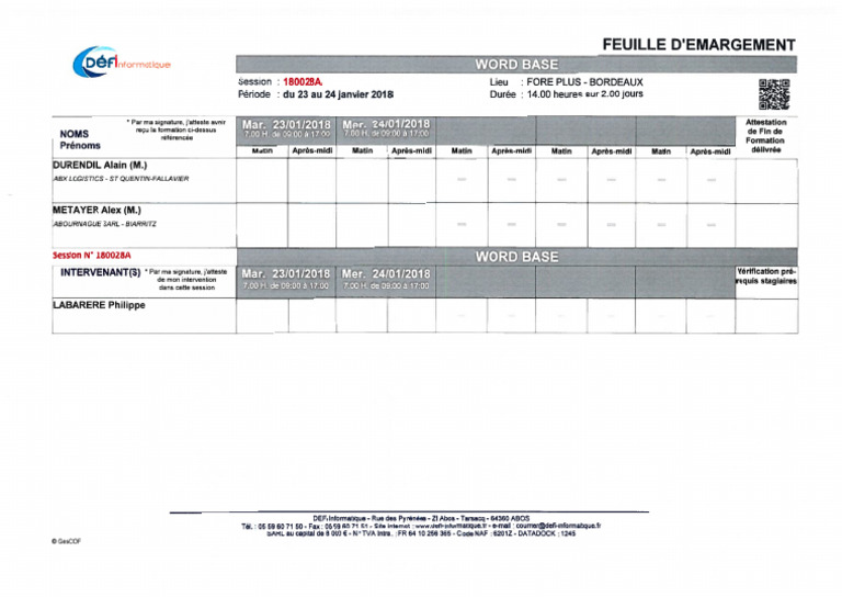 Feuille D'Emargement: Wordr Base | PDF