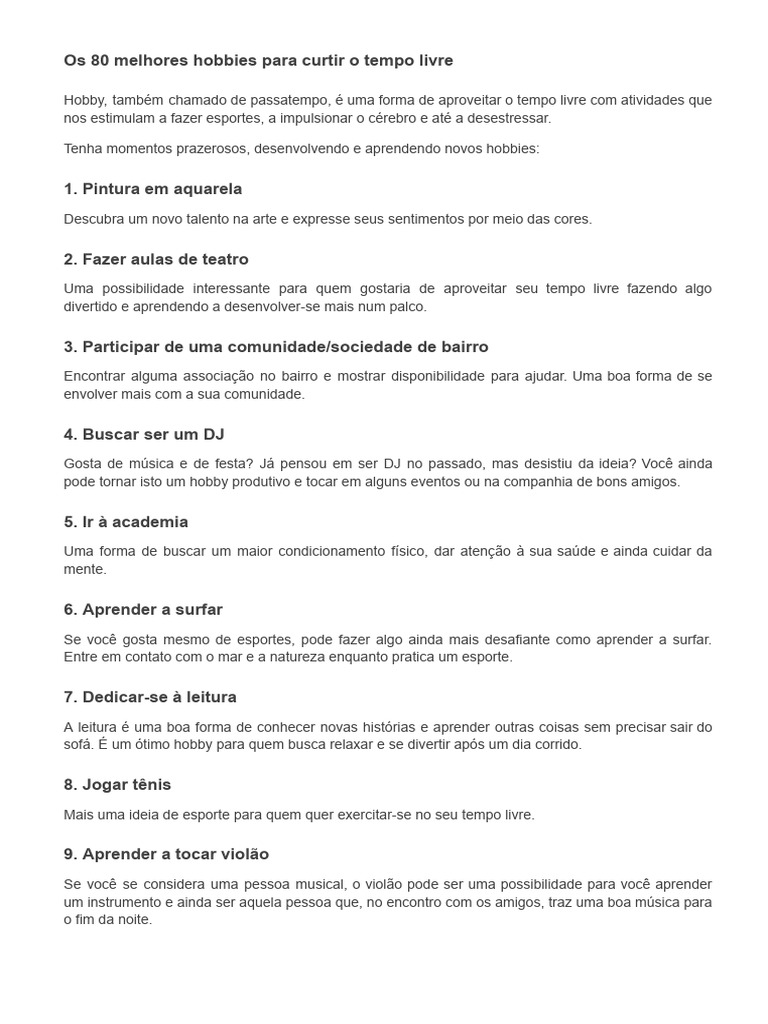 Os 80 Melhores Hobbies Para Curtir O Tempo Livre Pdf