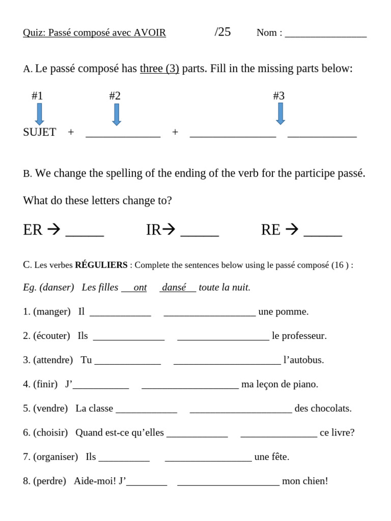 Quiz Passe Compose AVOIR Verbes Reguliers | PDF