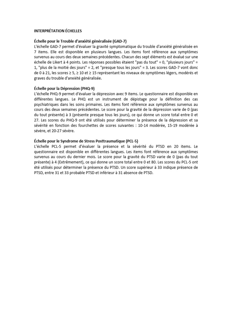 Interpretarion Echelles GAD-PHQ-PCL | PDF