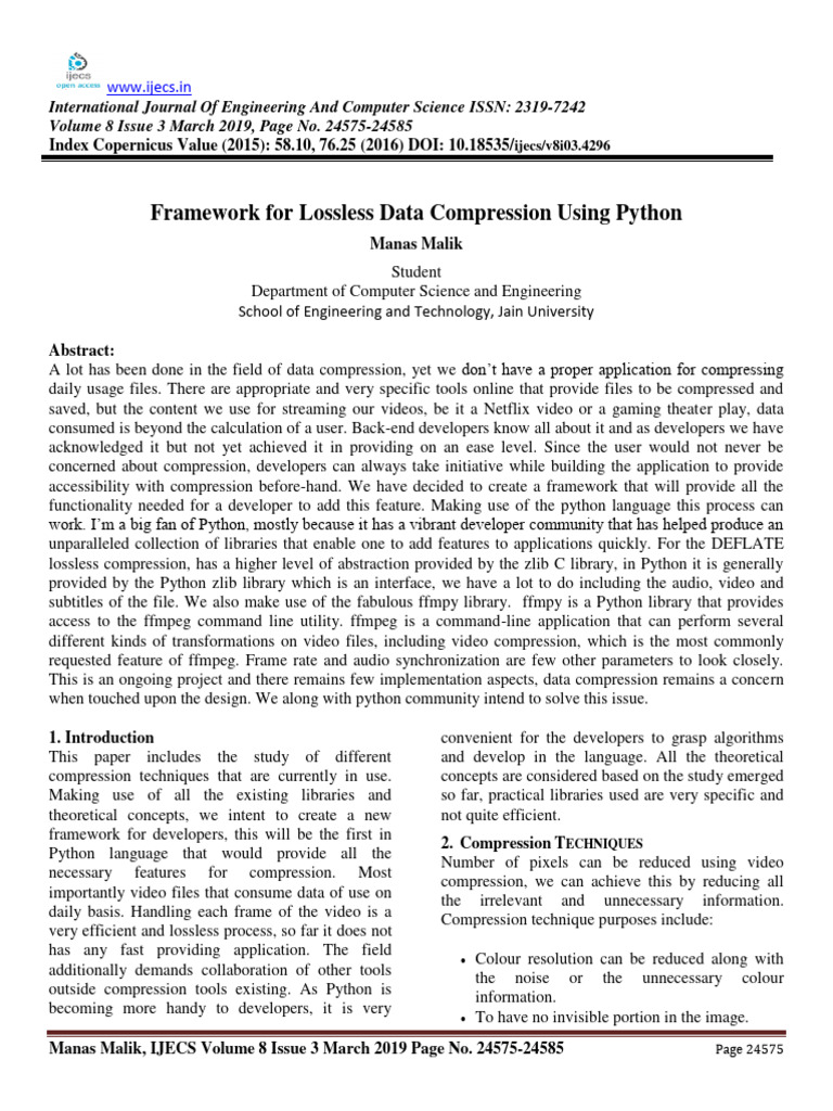 Framework For Lossless Data Compression | PDF