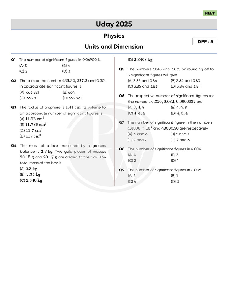 Units and Dimension DPP 05 Uday 2025 | PDF
