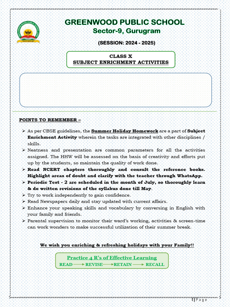 (SESSION: 2024 - 2025) Class X Subject Enrichment Activities | PDF