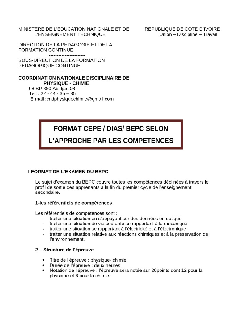 Format et Épreuves du BEPC 2023 | PDF | Chemical Process Engineering ...