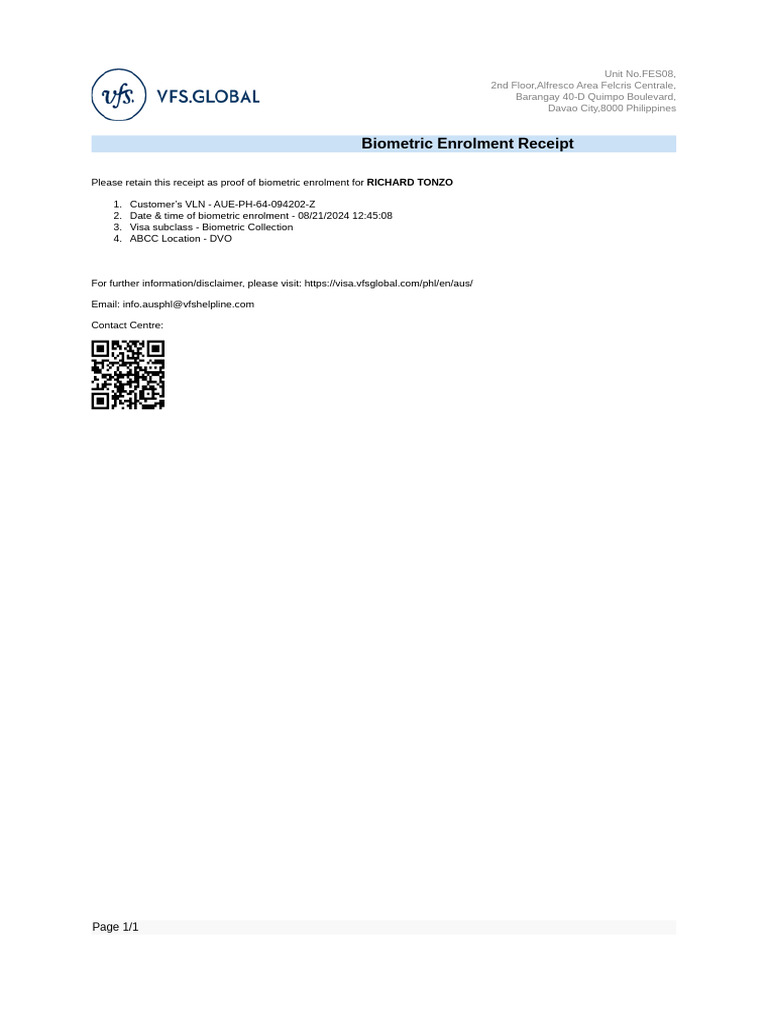 Vfs Biometric Collection Receipt | PDF