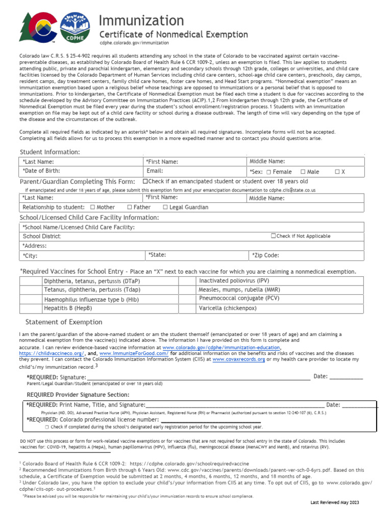 Colorado Nonmedical Exemption Form | PDF | Vaccines | Epidemiology