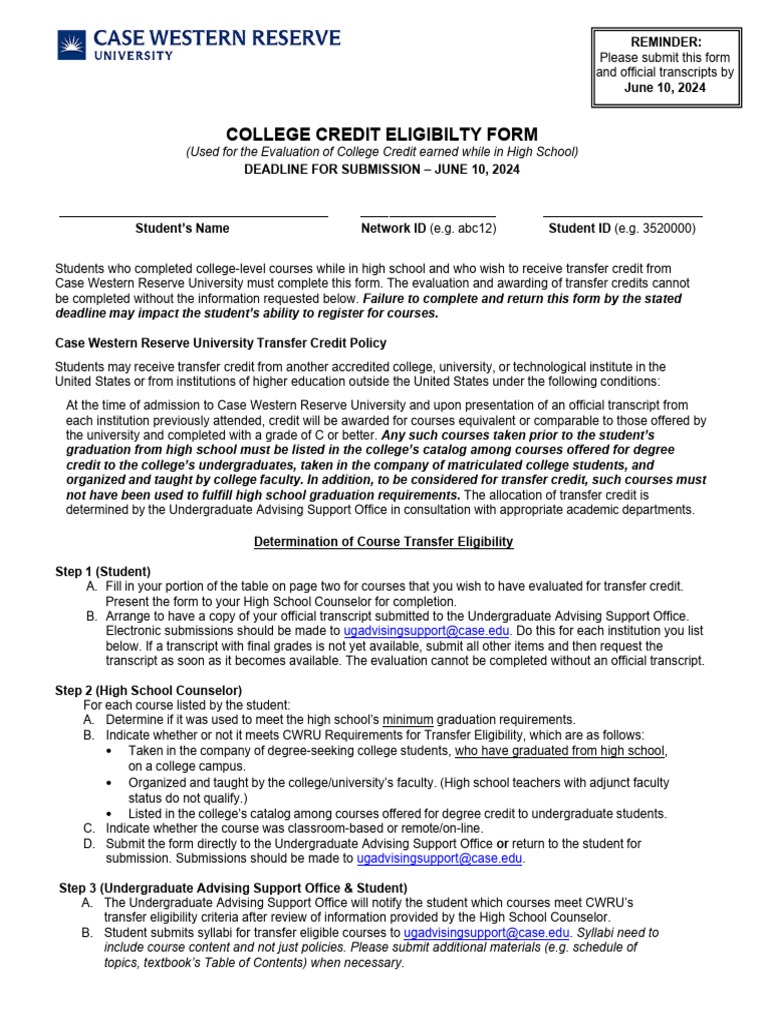 College Credit Eligibility Form | PDF
