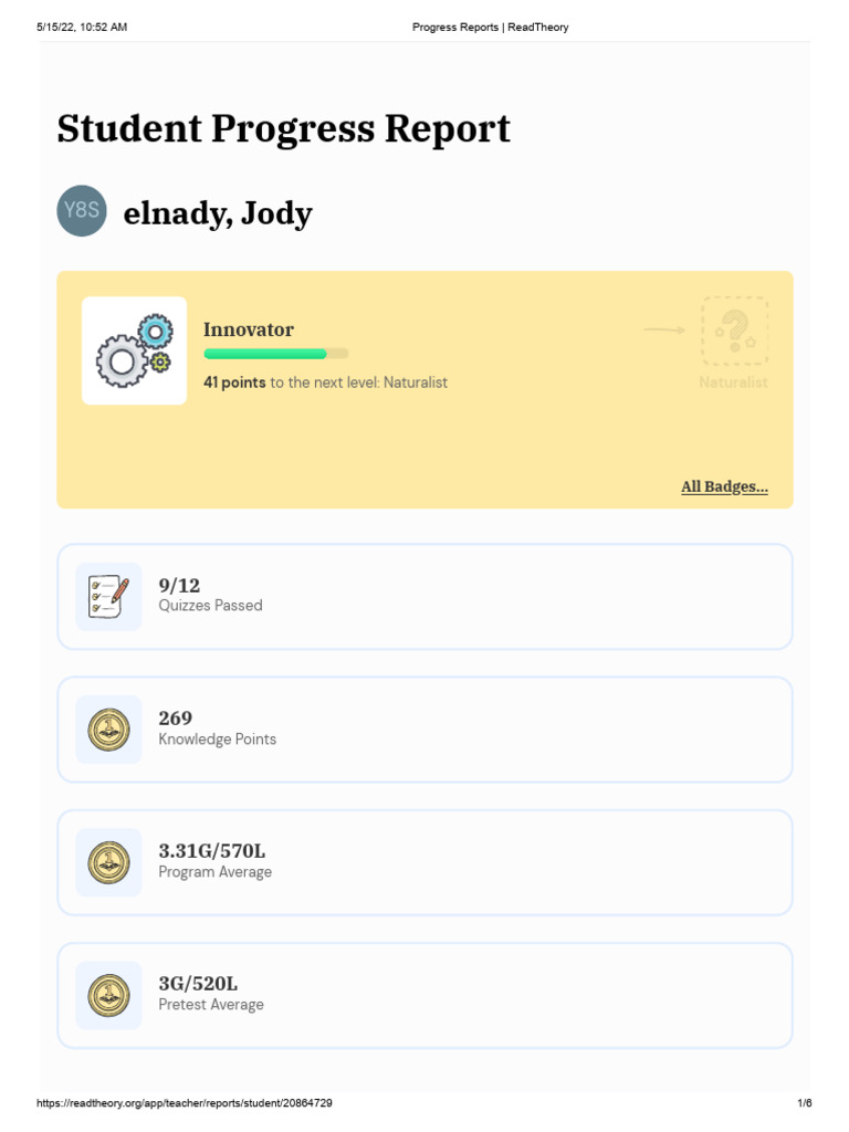 Progress Reports _ ReadTheory Judy | PDF