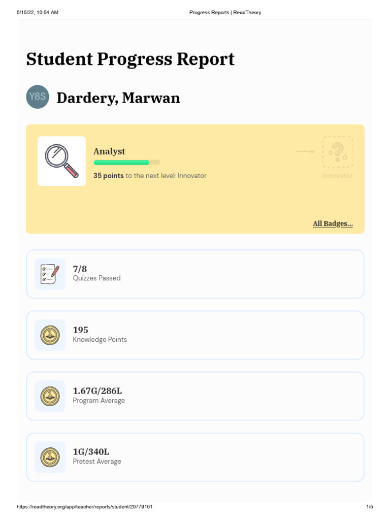 Progress Reports - ReadTheory Marwan | PDF
