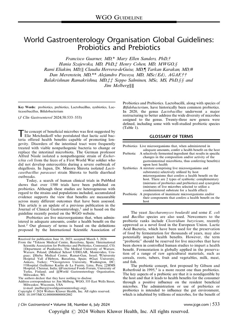 Guía Sobre Probióticos y Prebióticos WGO GUIDELINE 07 2024 | PDF
