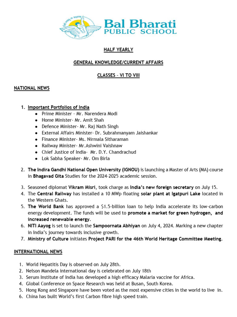 HY CURRENT AFFAIRS Classes VI To VIII | PDF | Travel