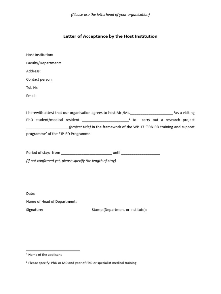 Template Letter of Acceptance by HOST Institution 1 | PDF