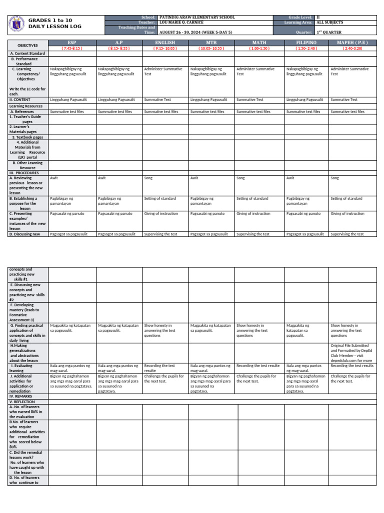 DLL - All Subjects 2 - Q1 - W5 - D5 | PDF | Human Communication | Pedagogy