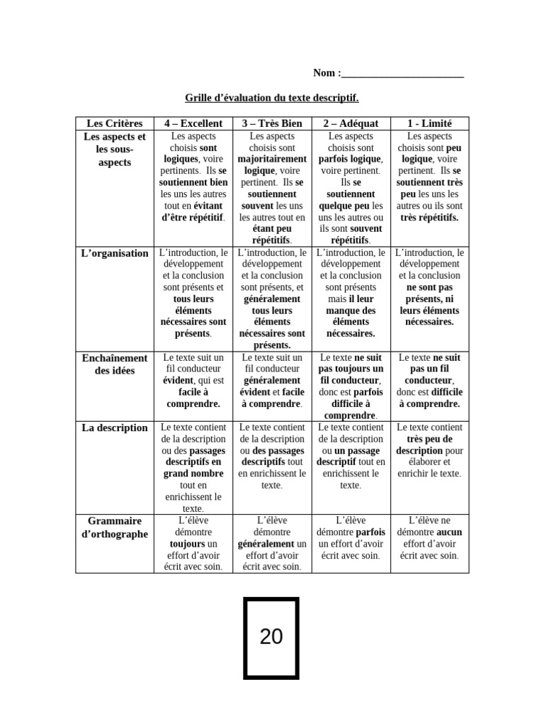 Grille D - Évaluation - Texte Descriptif 2023-2024 | PDF