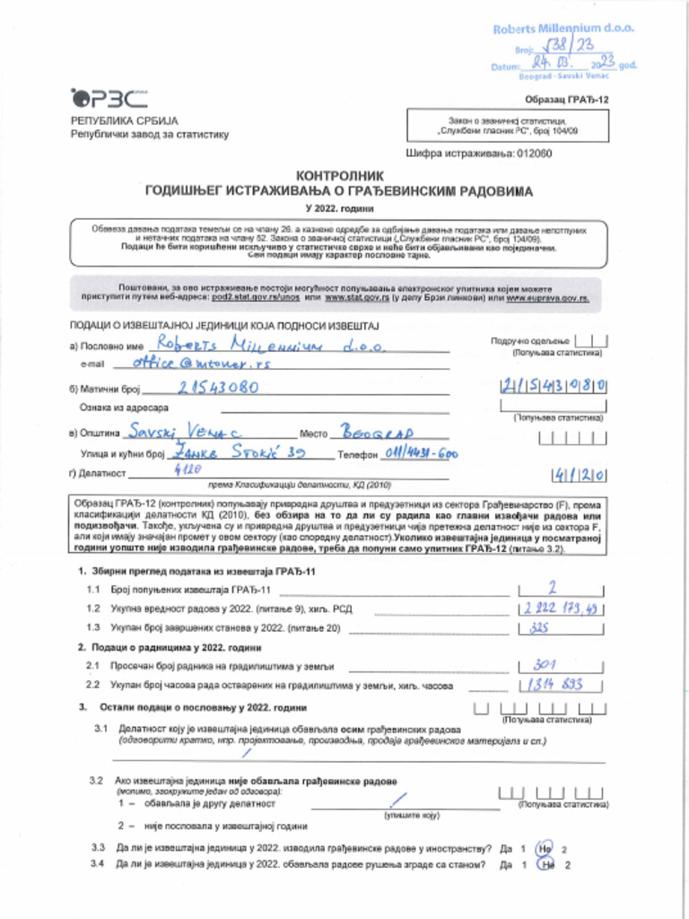 RZS Obrazac GRAĐ-12 Kontrolnik Za 2022. - 24.03.2023. | PDF