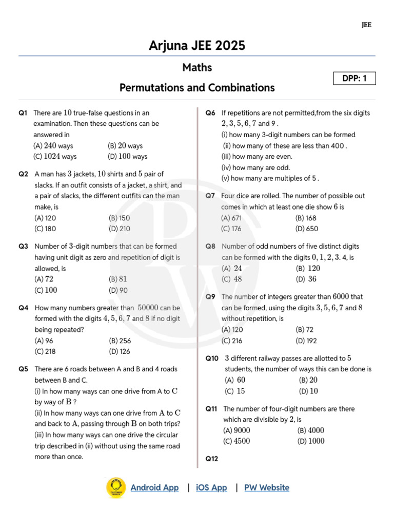 Permutations and Combinations _ DPP 01 __ Arjuna JEE 2025 | PDF