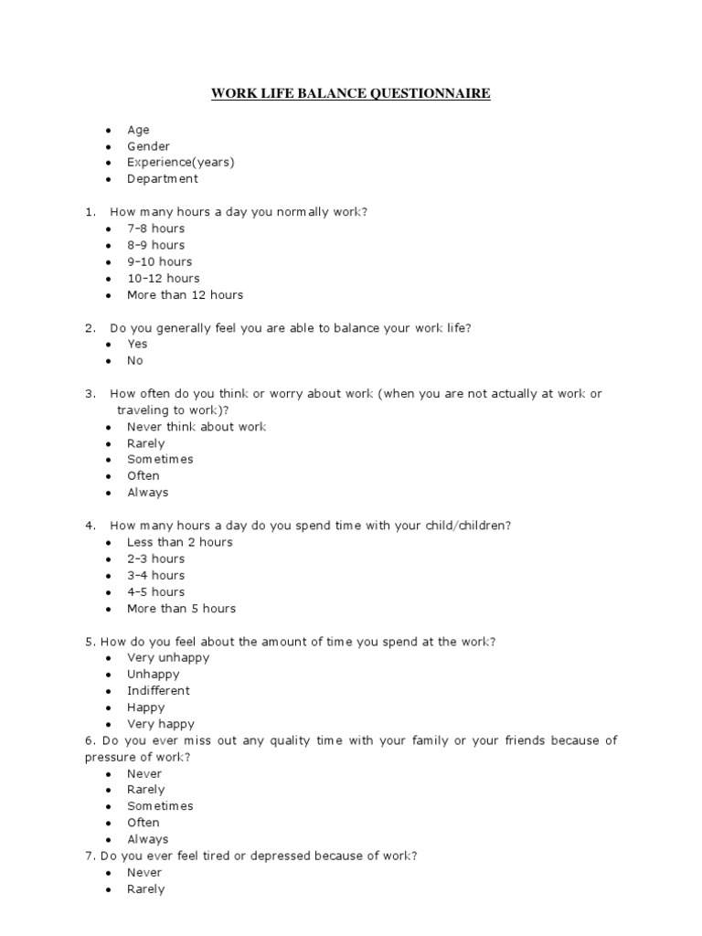 Work Life Balance Questionnaire | PDF | Work–Life Balance | Behavioural ...