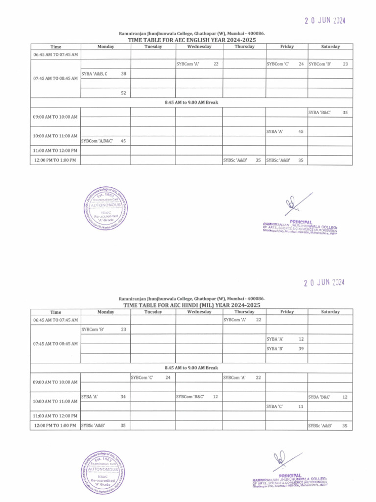 Time Table Year 2024-2025: Ramniranjan Jhunjhunwala Ghatkopar Tuesday ...
