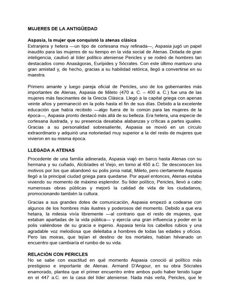 Aspasia, La Mujer Que Conquistó La Atenas Clásica | PDF