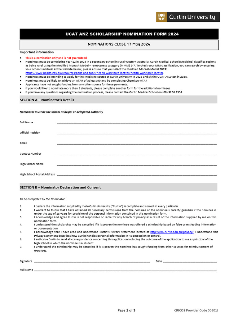 UCAT Scholarship Nomination Form - 2024 | PDF