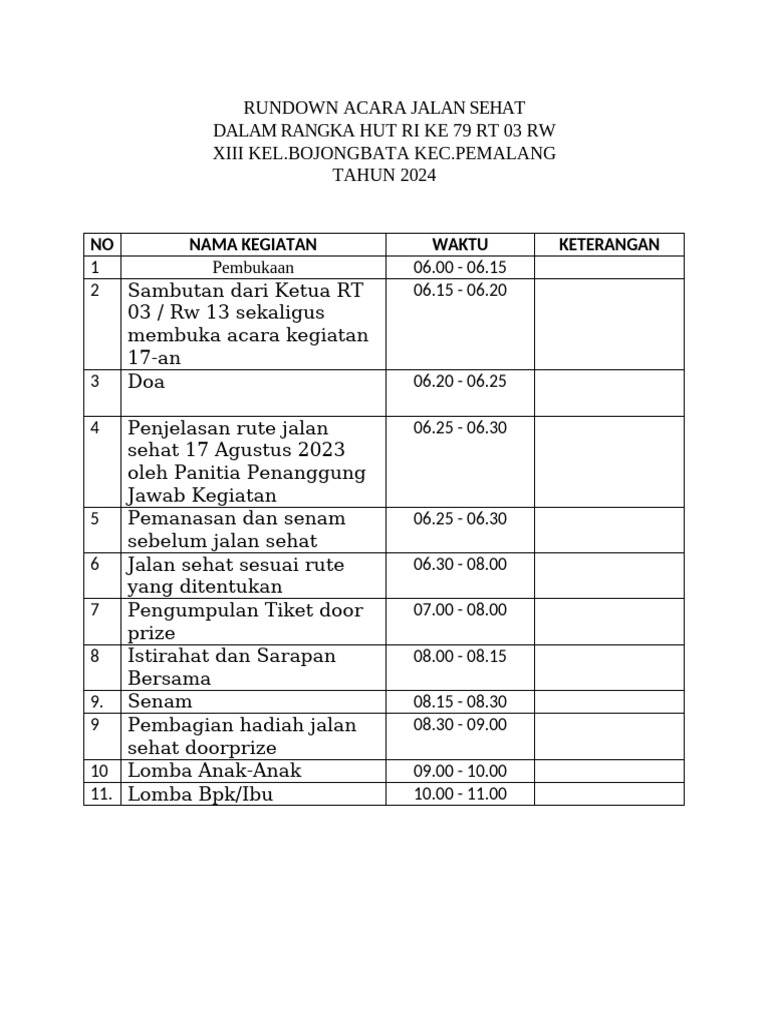 Rundown Acara Jalan Sehat Dalam Rangka Hut Ri Ke 79 RT 03 RW Xiii Kel | PDF