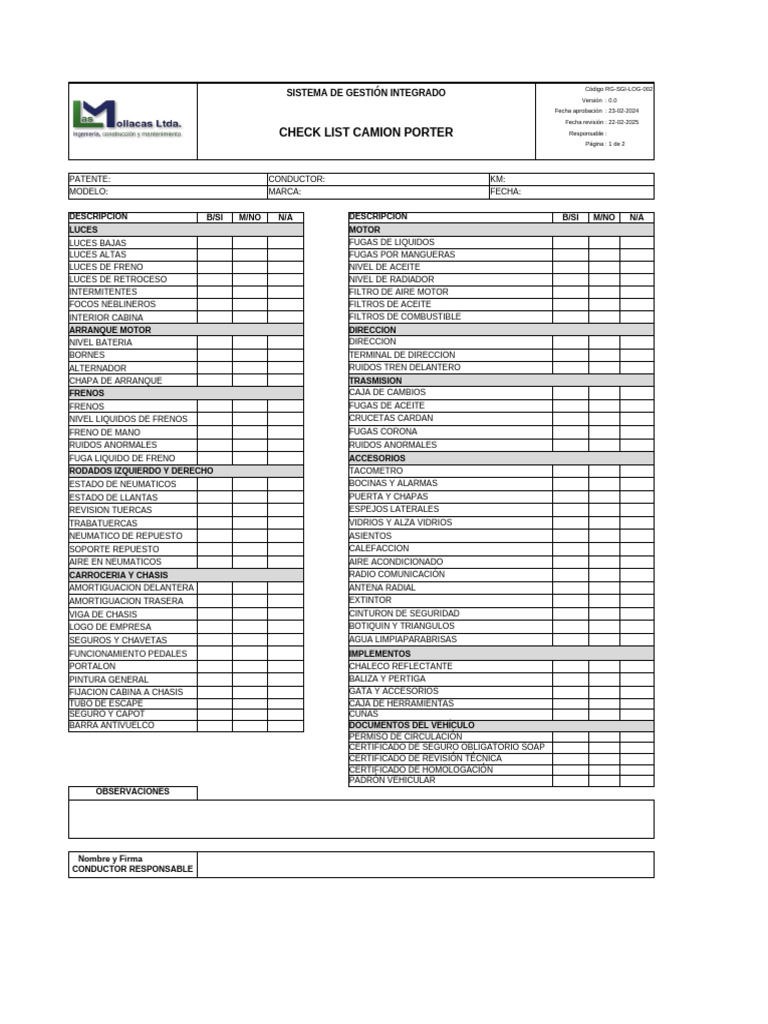 Check List Camion Porter | PDF