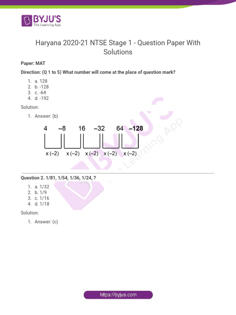 Haryana 2020 21 NTSE Stage 1 Question Paper With Solutions | PDF