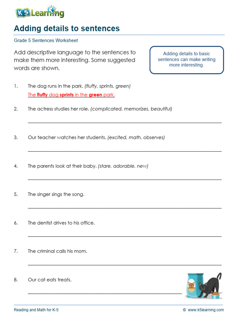 Grade 5 Adding Details Sentences A | PDF