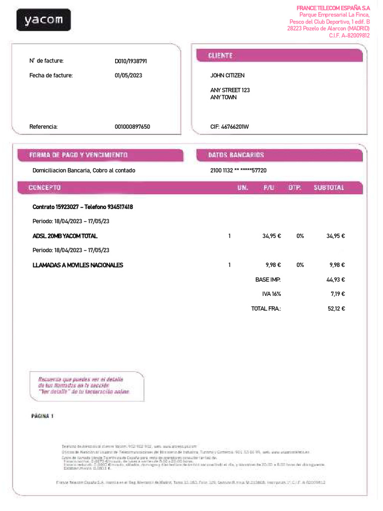 Spain Yacom Utility Bill Word and PDF Template | PDF