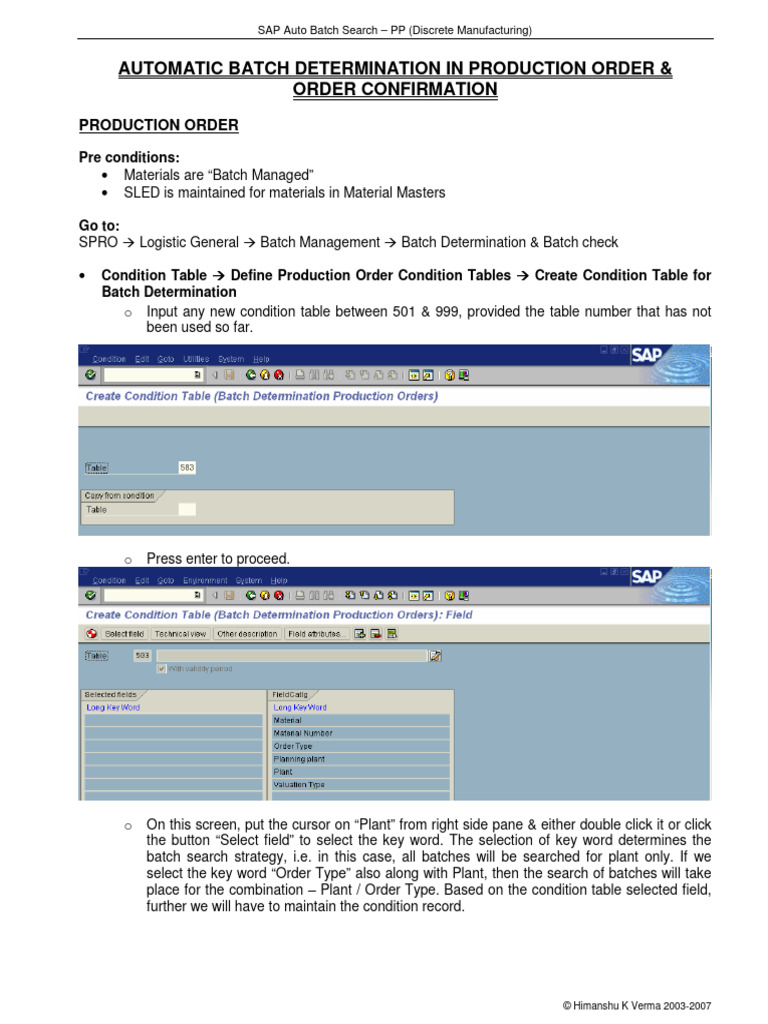 Batch Determination Production Order | PDF