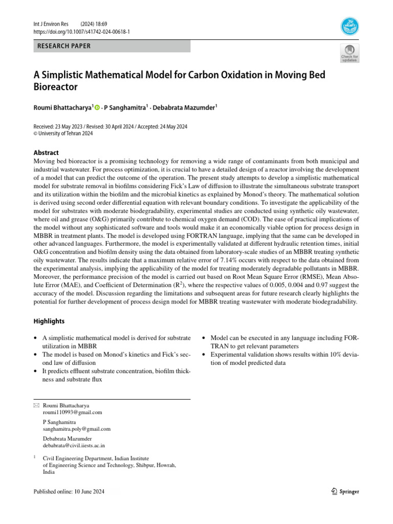 Mathematical Modelling - Carbon Oxidation - MBBR | PDF