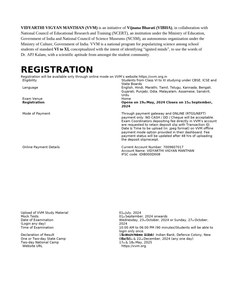 Registration: VIDYARTHI VIGYAN MANTHAN (VVM) Is An Initiative of ...