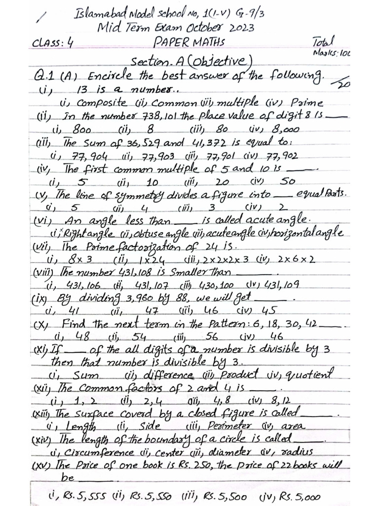 Class 4 Maths Papers | PDF