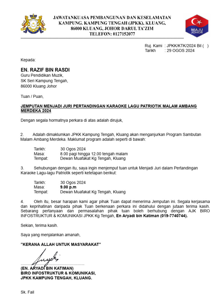 Surat Jemputan EN. RAZIF BIN RASDI JURI PERTANDINGAN KARAOKE | PDF