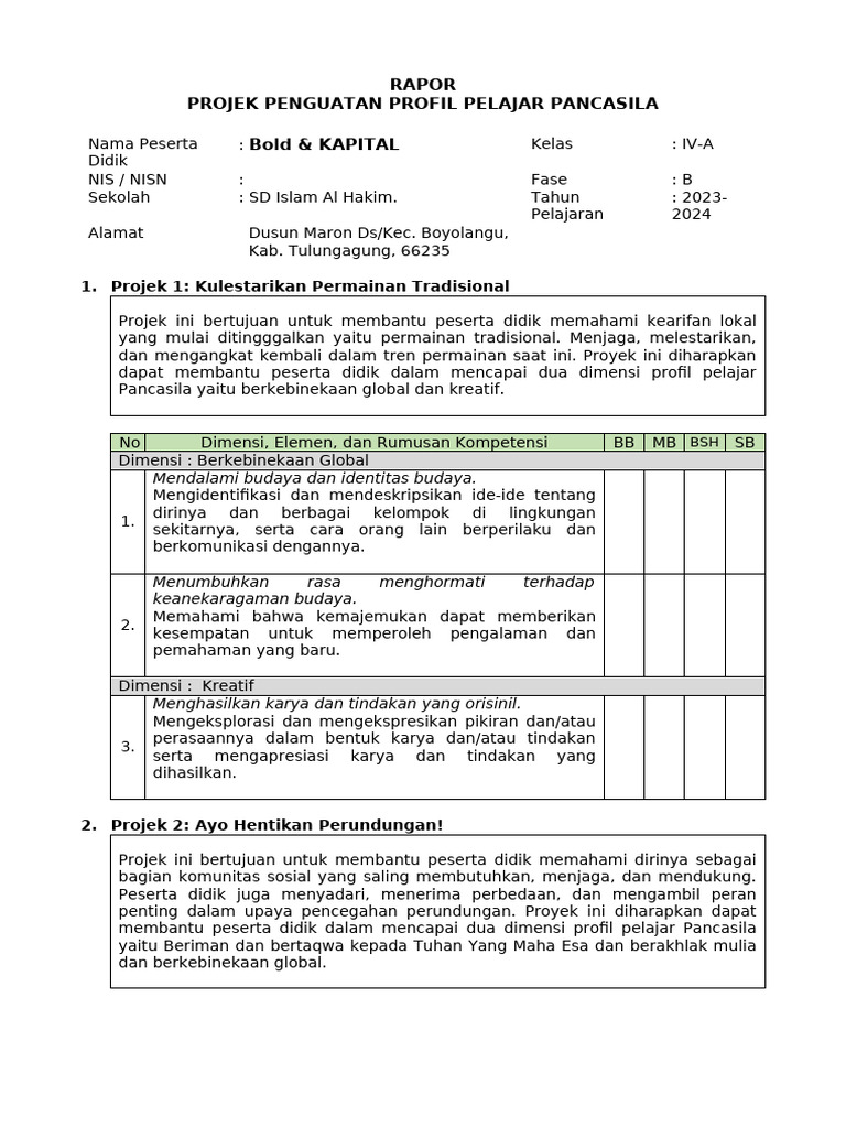 Rapor Kokurikuler | PDF