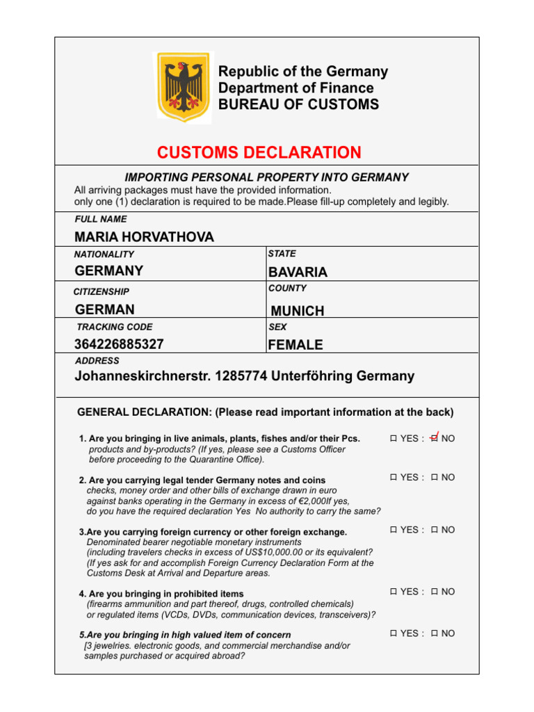 Custom Declaration, Republic of Germany | PDF